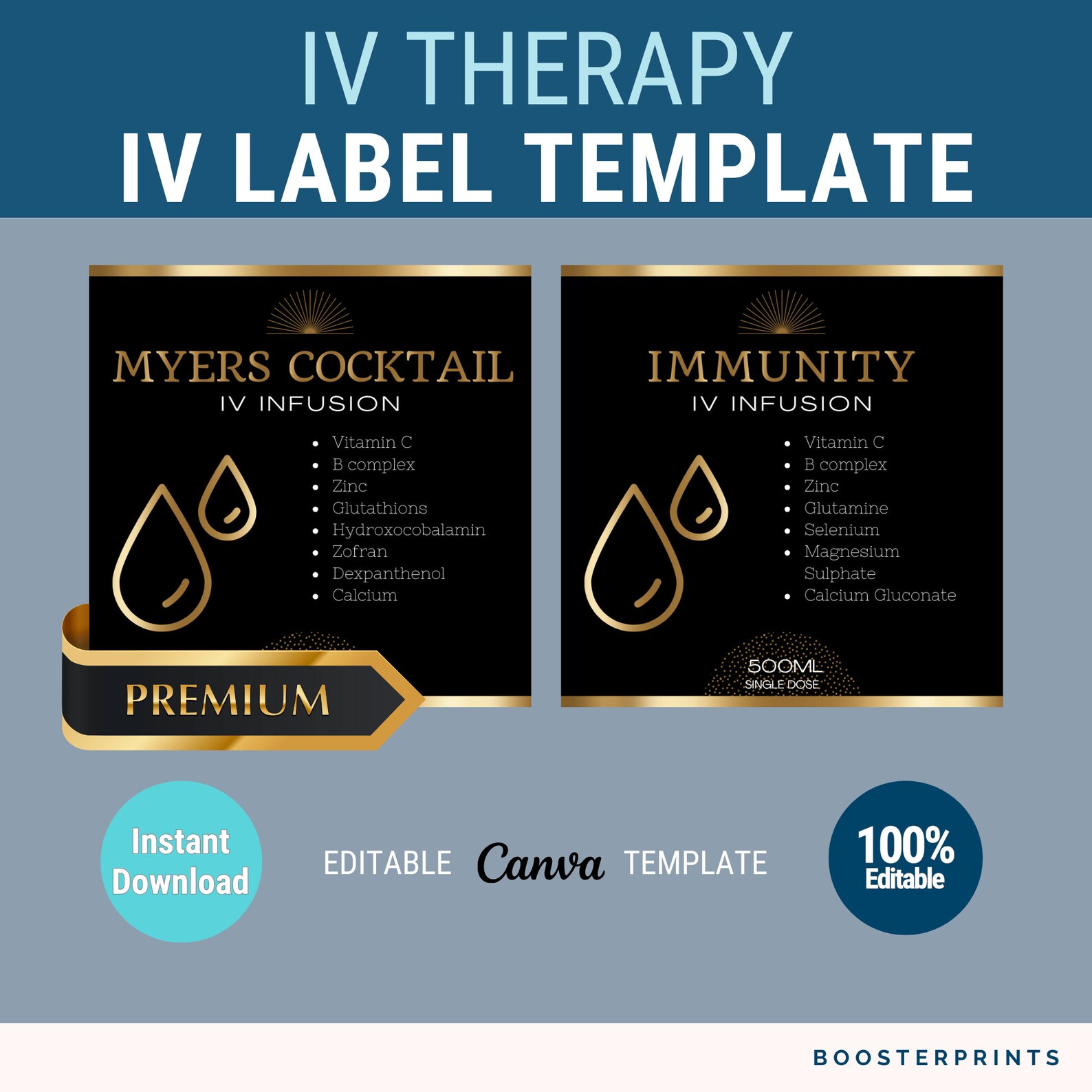 IV Bag Labels Editable IV Vitamin Therapy Bag Label Black Gold IV Label ...