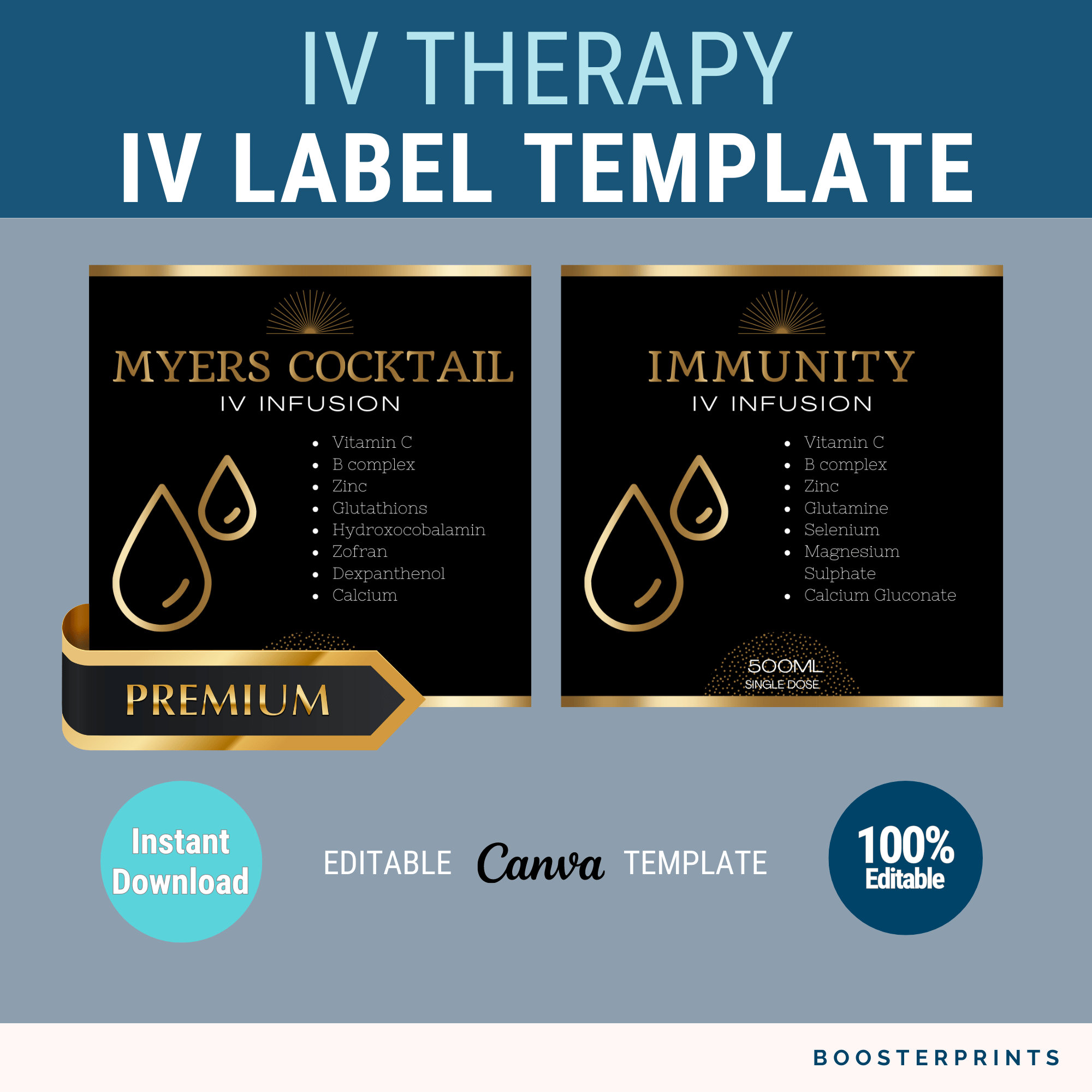 IV Bag Labels Editable IV Vitamin Therapy Bag Label Black Gold IV Label ...