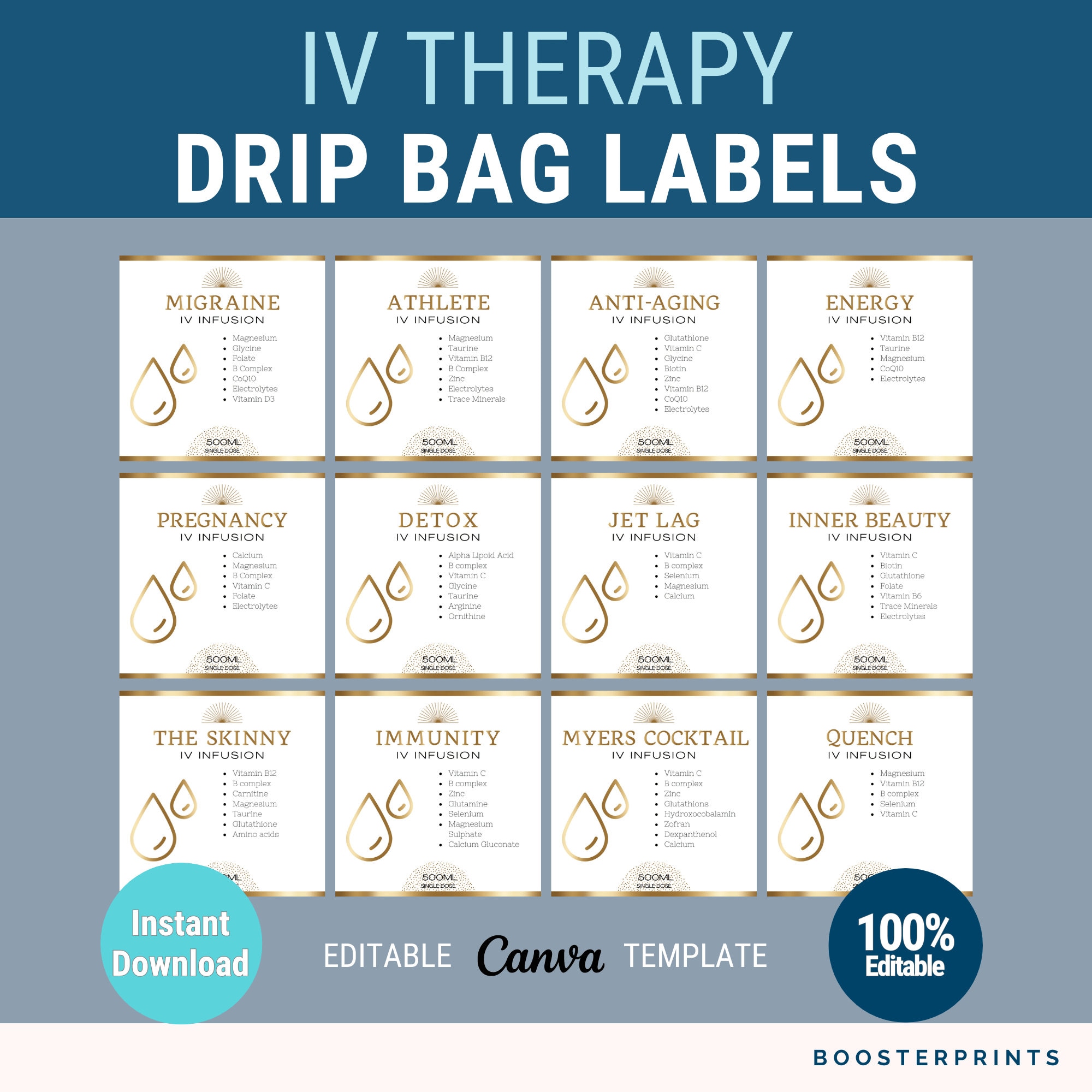 IV Bag Labels Editable IV Vitamin Therapy Bag Label Black Gold IV Label ...
