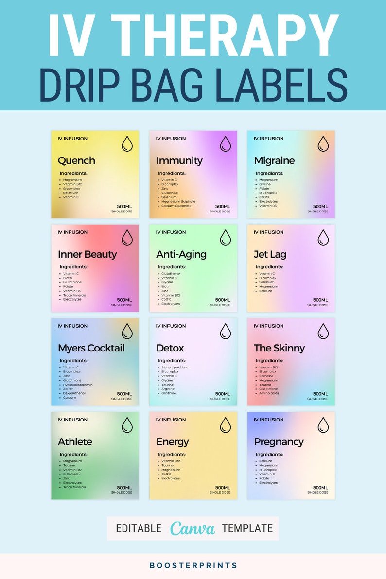 IV Infusion Bag Labels Modern IV Vitamin Therapy Bag Label Gradient IV ...