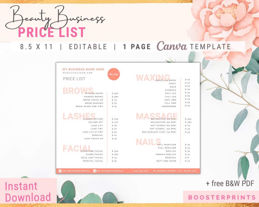 Salon Price List Template for Beauty Business Salon Menu Esthetician ...