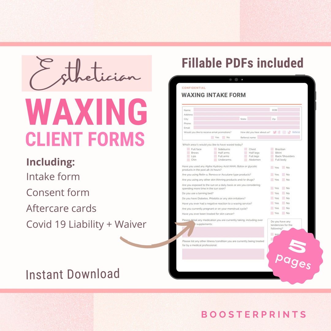 Waxing Client Consent Form Wax Intake Form Aftercare Card Esthetician ...
