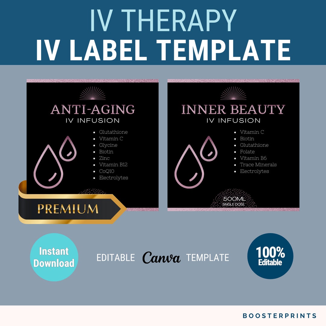 IV Bag Labels Editable IV Vitamin Therapy Bag Label Black Pink IV Label ...