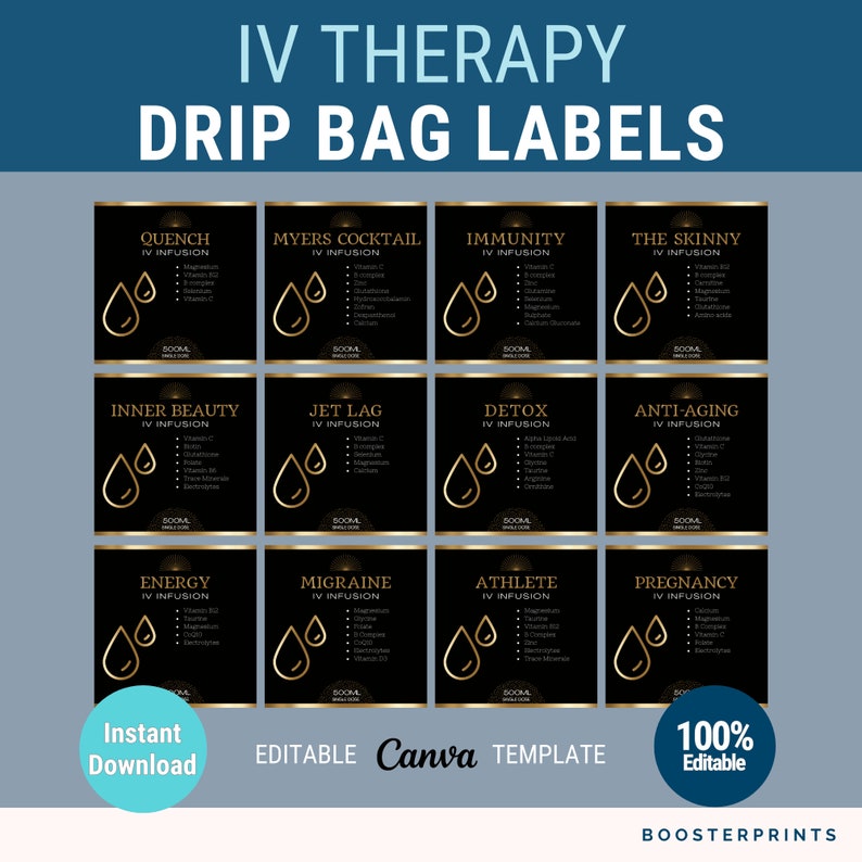 IV Hydration Labels Editable IV Vitamin Therapy Bag Label Black Gold IV ...