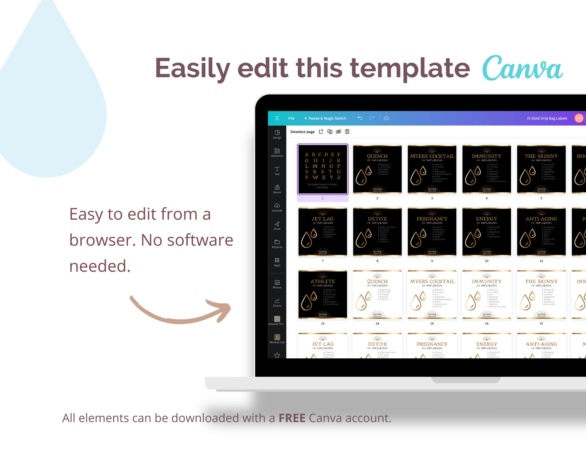 IV Bag Labels Editable IV Vitamin Therapy Bag Label Black Gold IV Label ...