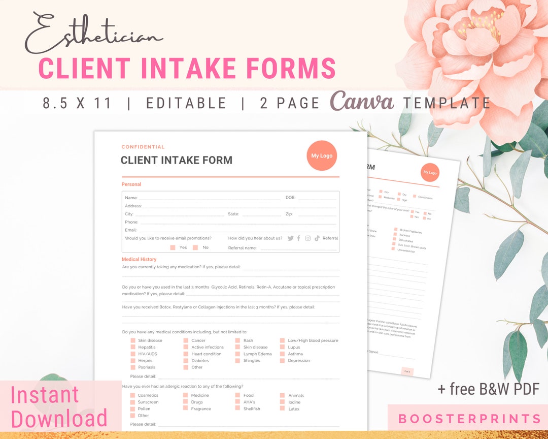 Editable Client Intake Forms Esthetician Beauty Business Canva Template ...