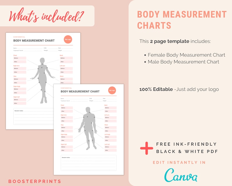 Body Measurement Charts Body Sculpting Tracker Body Contouring Inch ...