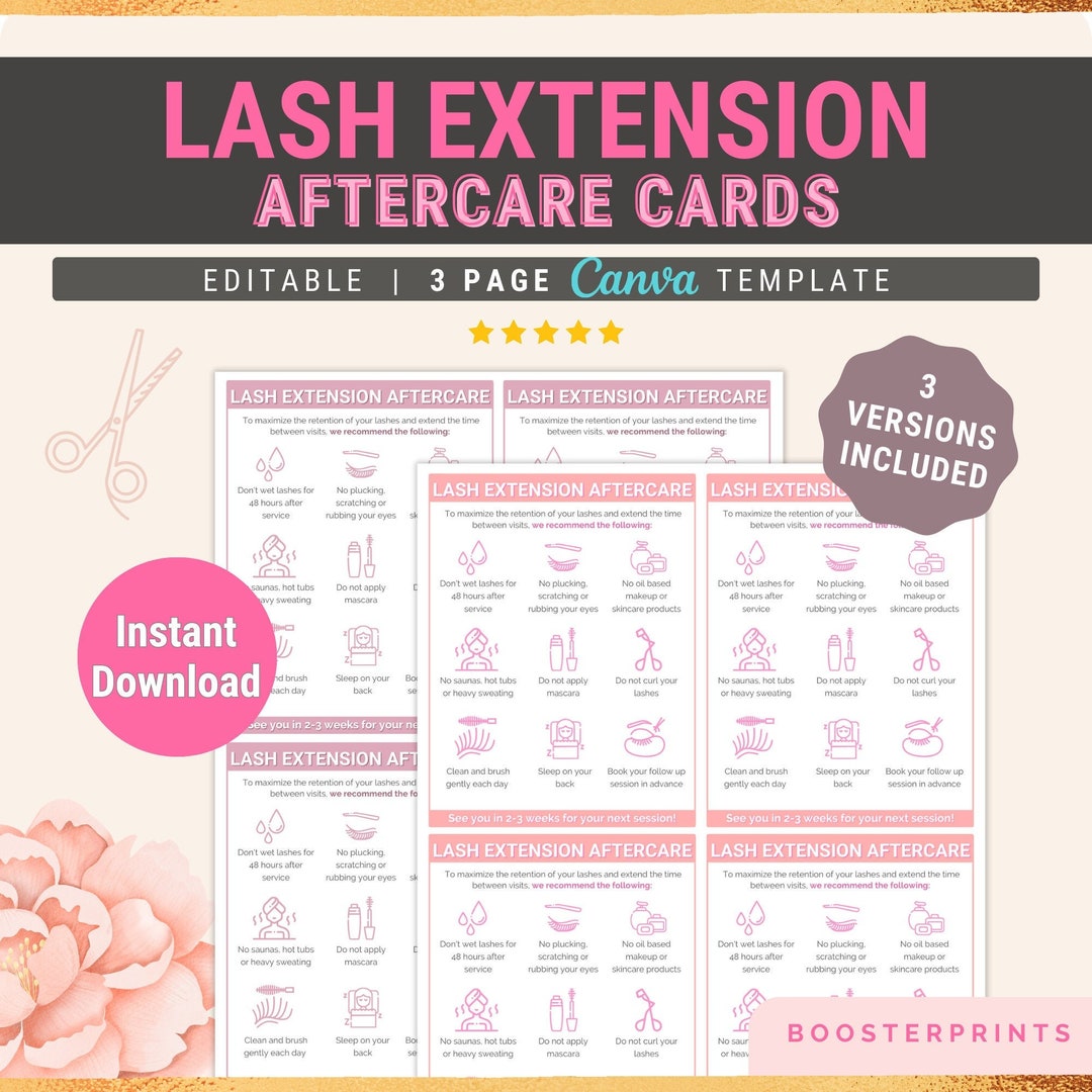 Lash Extension Aftercare Cards Eyelash Extension After Care Template ...