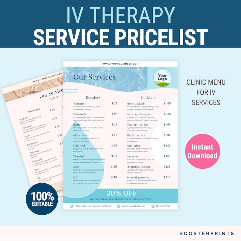 IV Hydration Pricelist Service Menu for IV Infusion Template IV Therapy ...
