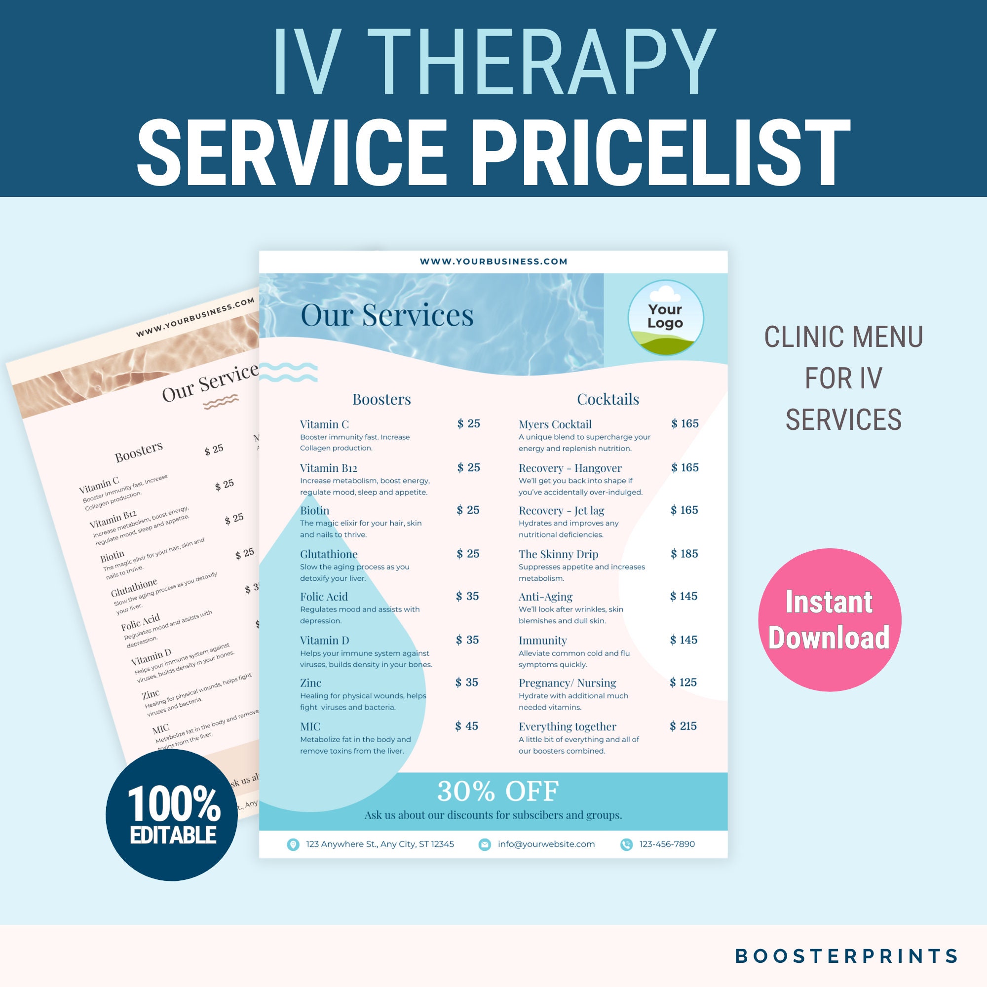 IV Hydration Pricelist Service Menu for IV Infusion Template IV Therapy ...