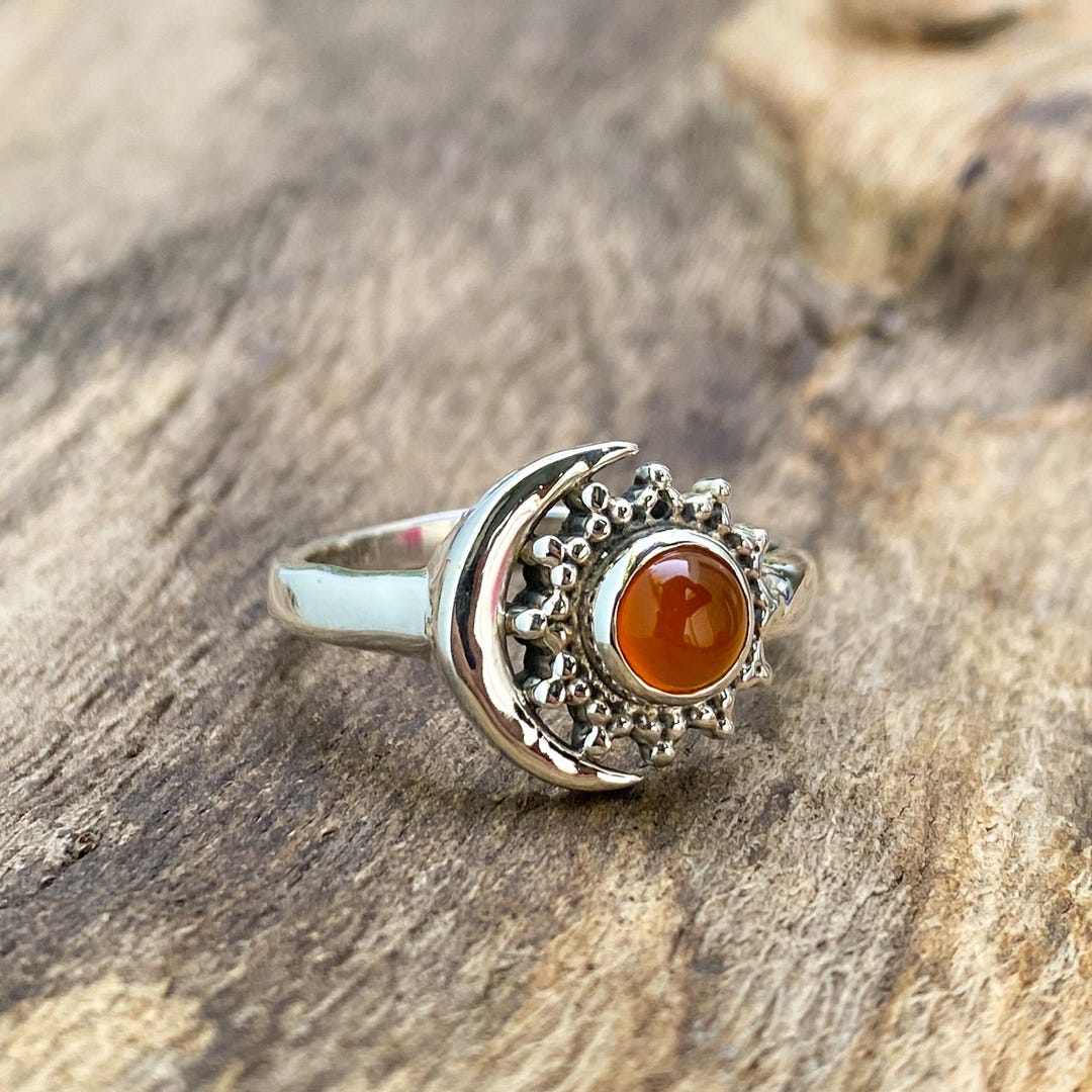 Sun-moon Design Carnelian Ring: Handmade 925 Sterling Silver Moon Ring ...
