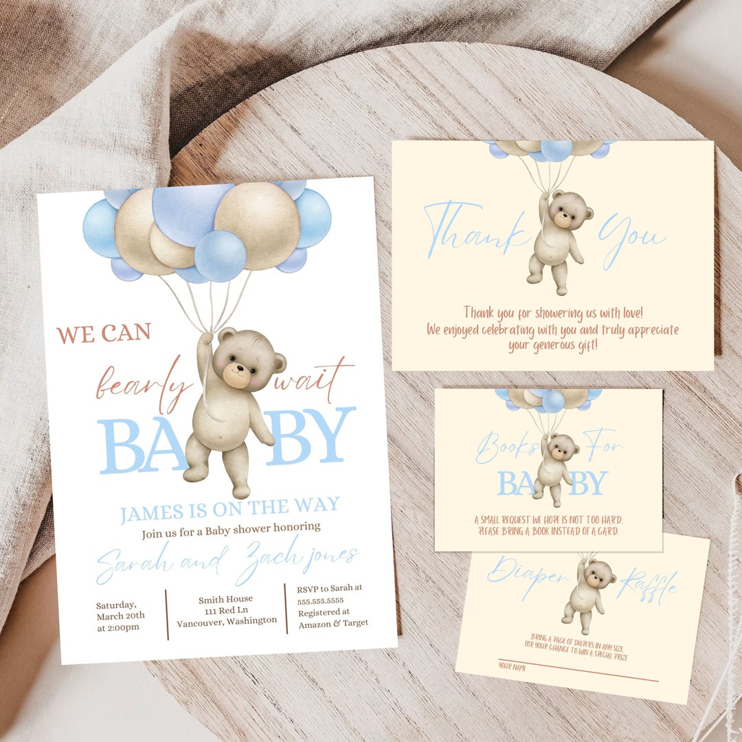 Editable Teddy Bear Hot Air Balloon Bear Theme Baby Shower Invitation ...