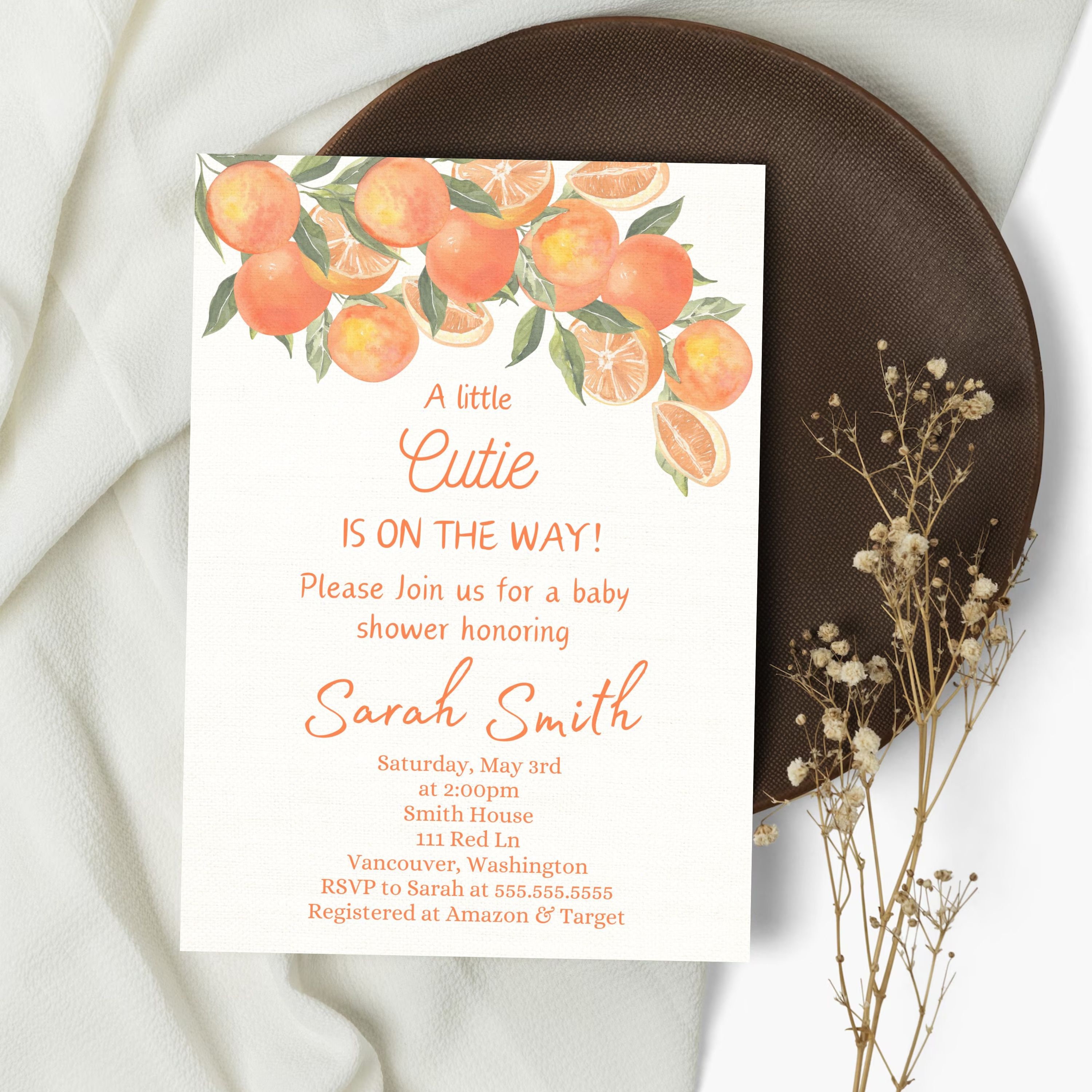 Editable Orange Theme Baby Shower Invitation, Cutie on the Way Invite ...