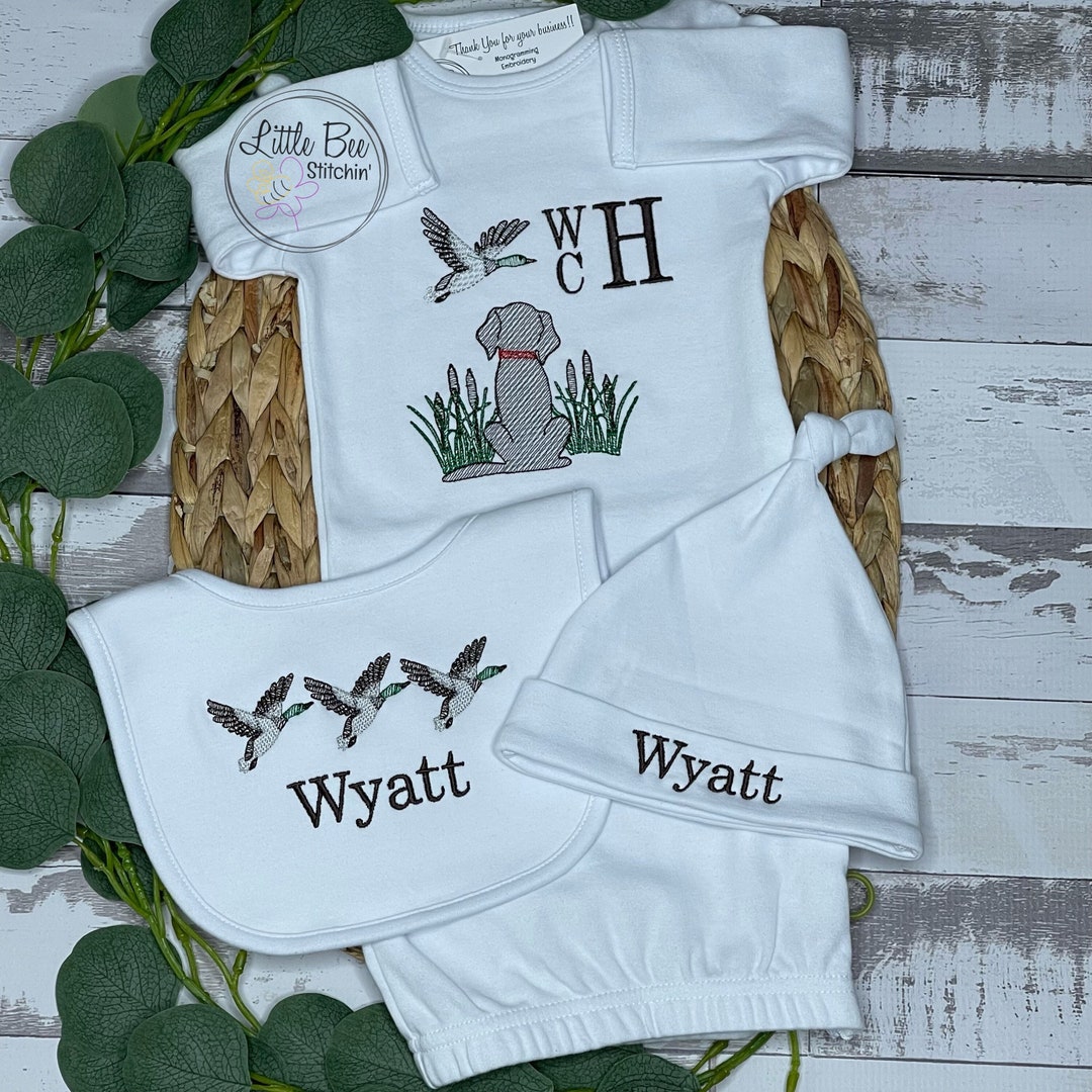 Personalized Embroidered Baby Boy Gown and Bib Set, Newborn Infant Gown ...