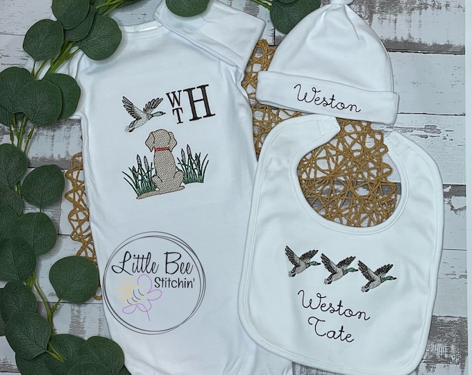Personalized Embroidered Baby Boy Gown and Bib Set, Newborn Infant Gown ...