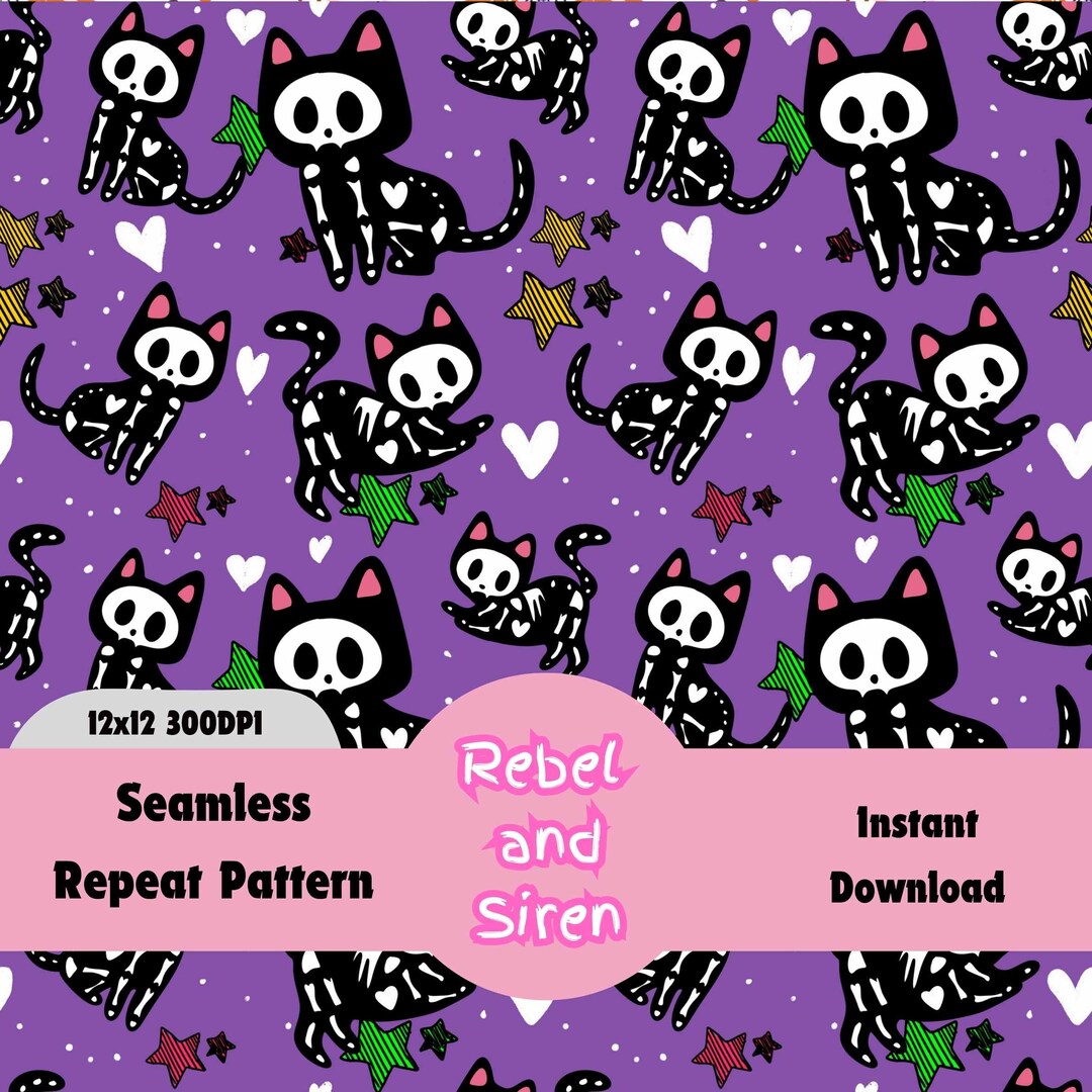Skeleton Cats Repeating Pattern, Halloween Seamless Pattern, Seamless ...