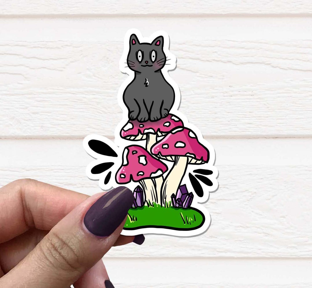 Cat on Mushroom Vinyl Sticker, Black Cat Stickers, Cat Lover Gift, Cat ...