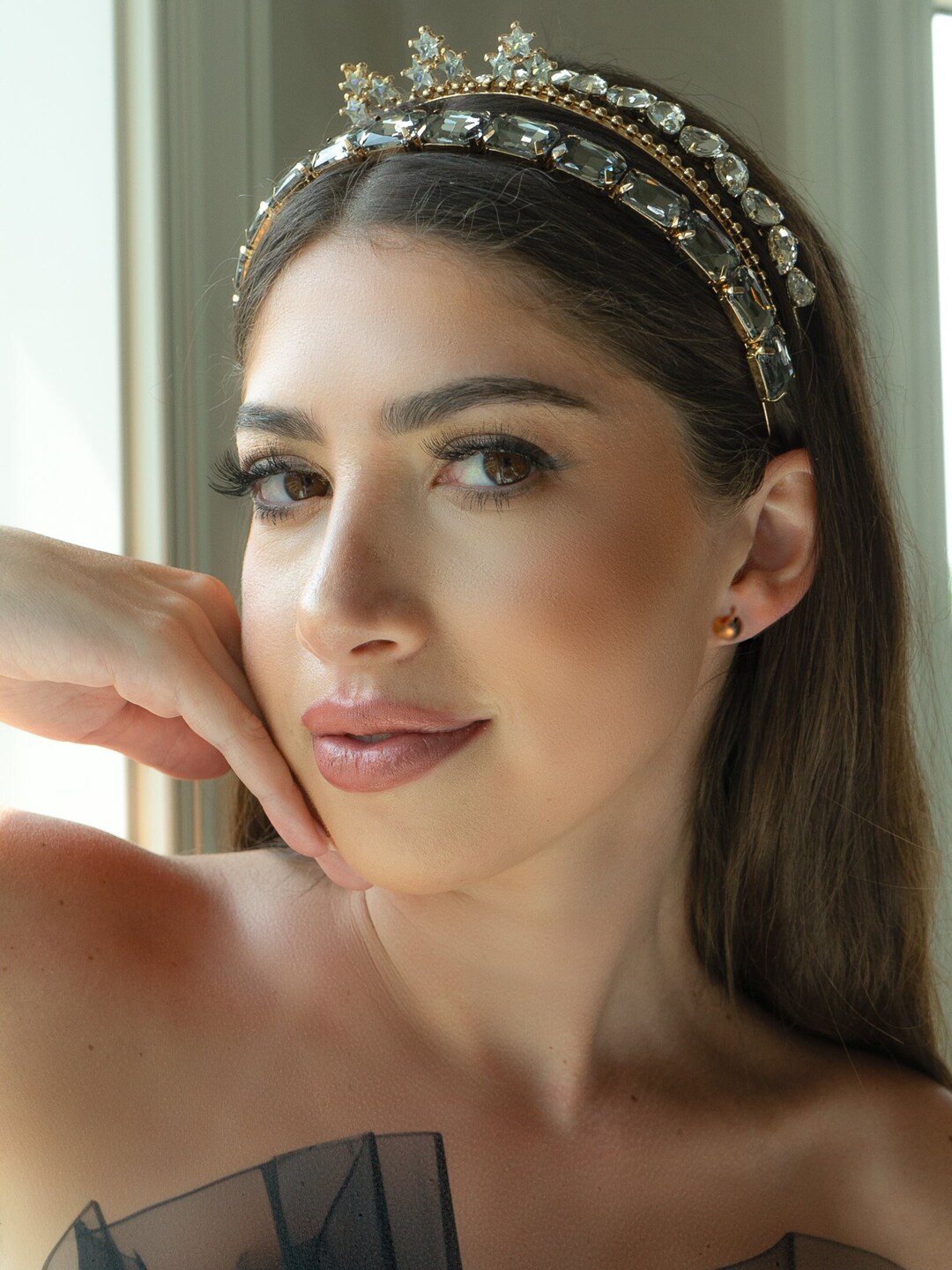 Sparkling Gray Princess Cut Rhinestone Headband Elegant Alloy Metal ...