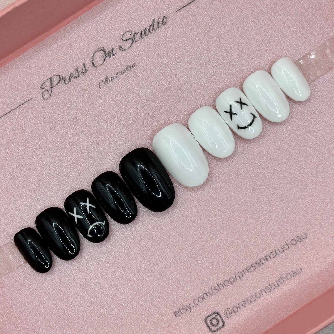 Black and White Press on Nails Happy and Sad Glue on Nails - Etsy