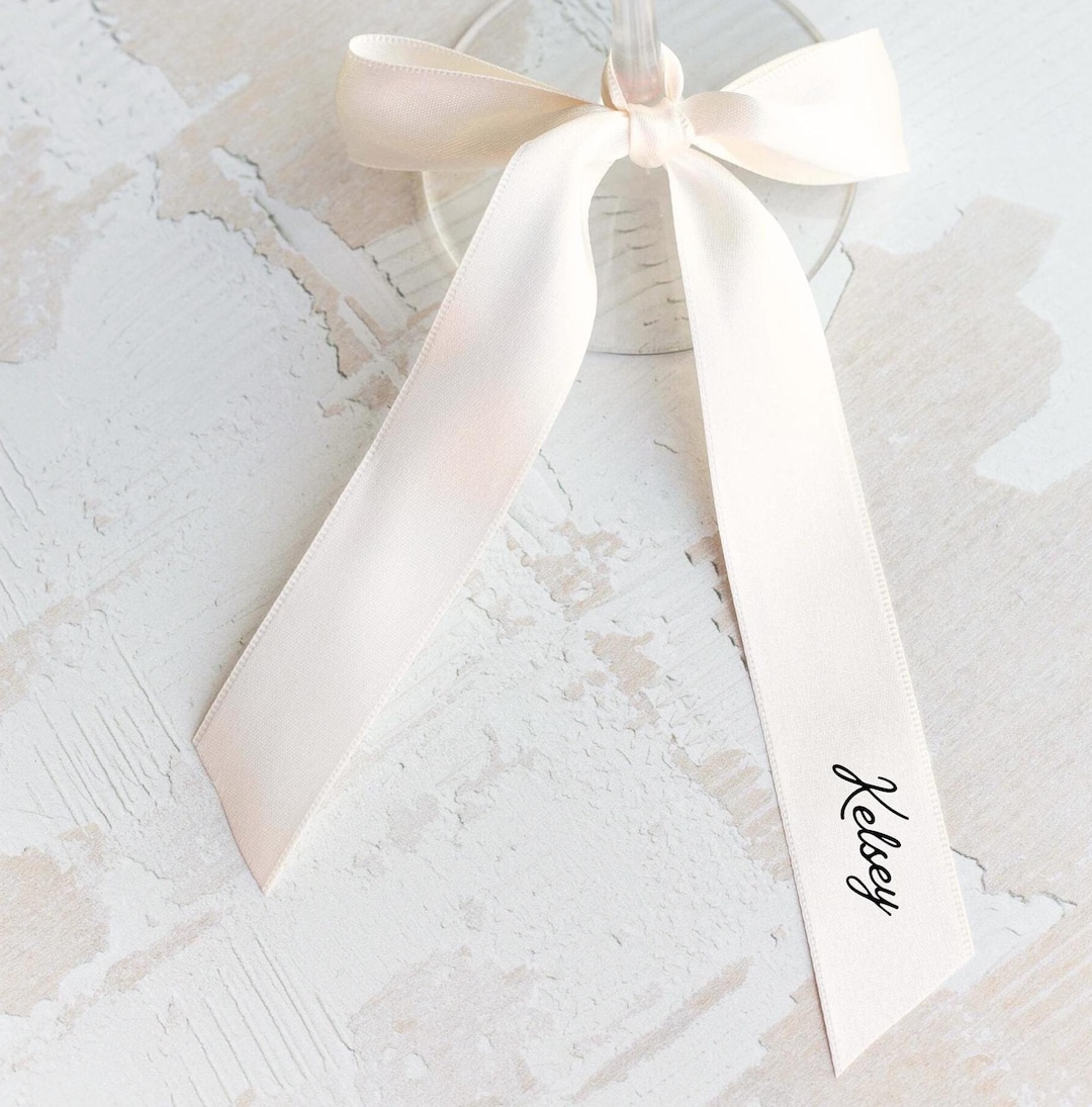 Custom Ribbon Name Tag: Silky Ivory Wine Glass Decoration - Etsy