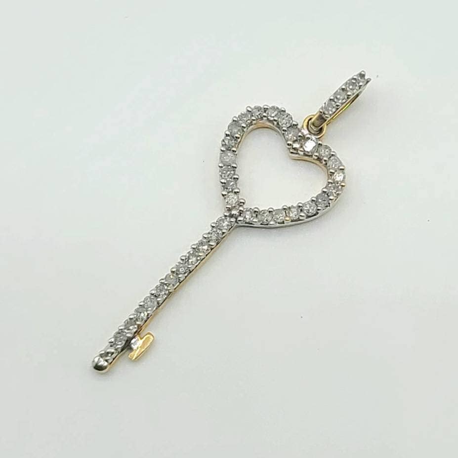 14k Yellow Gold Key Heart Diamond Pendant Diamond Bail, Gold Key Heart ...