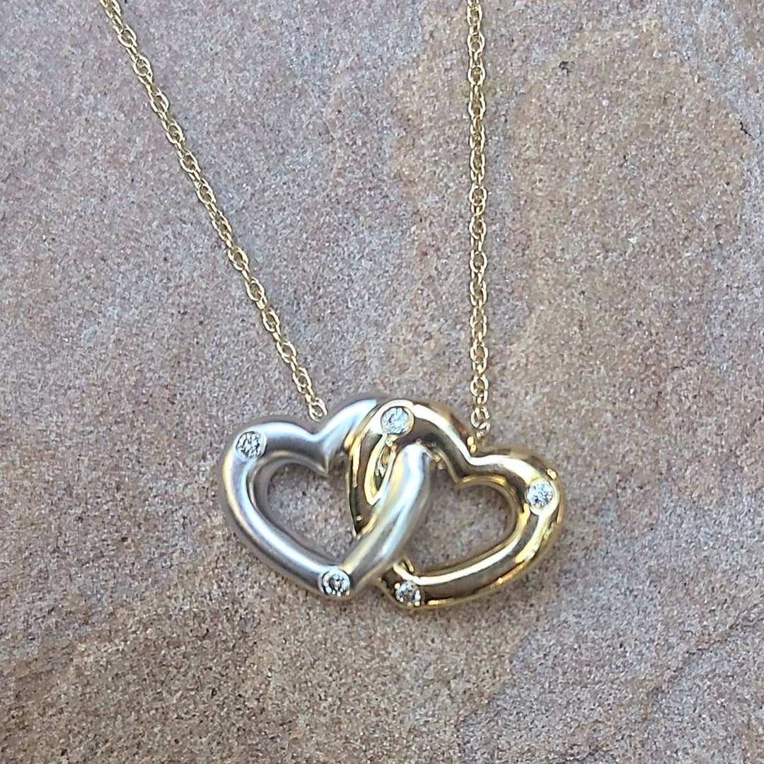 14k Yellow & White Gold Double Open Heart 2 Tone Diamond Pendant ...