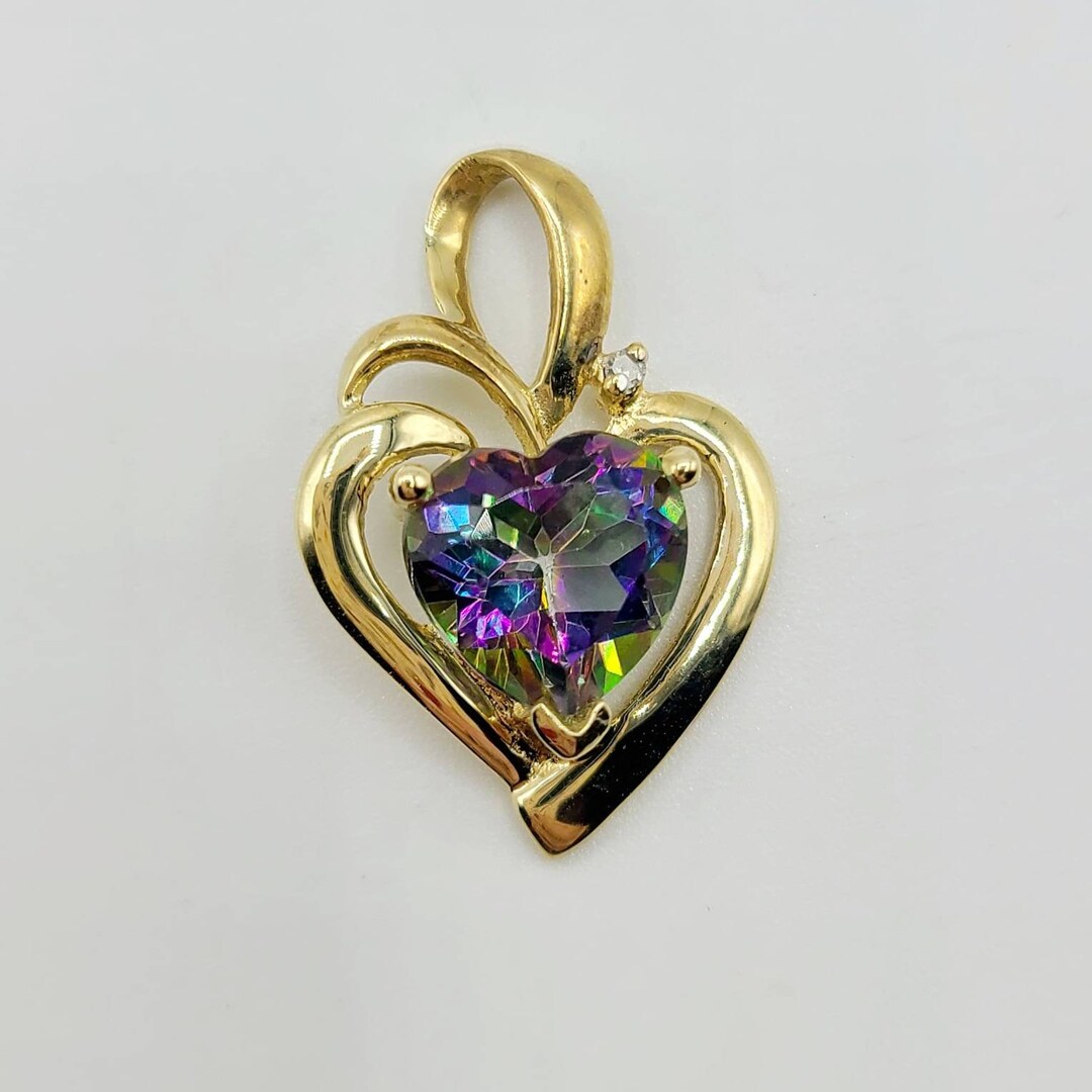 10k Yellow Gold Heart Shape Mystic Topaz Diamond Pendant, Gold Mystic ...
