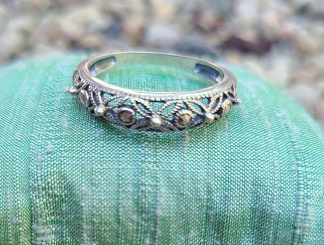Vintage RJ Graziano 925 Sterling Silver Marcasite Open Floral Band Ring ...