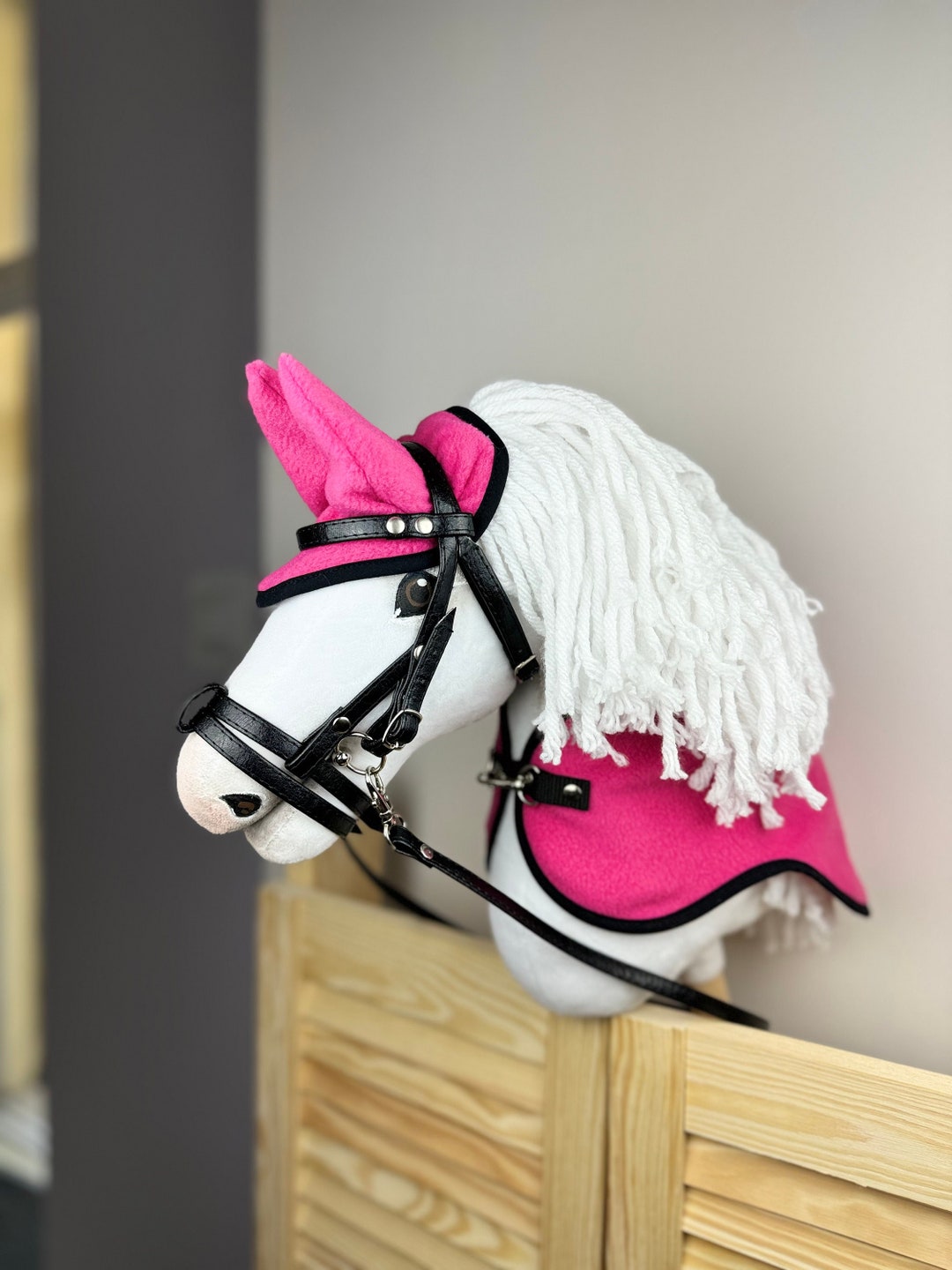 A3 / A4 Hobby Horse Set. Pink With Black Edging. Ear Bonnet and Blanket ...