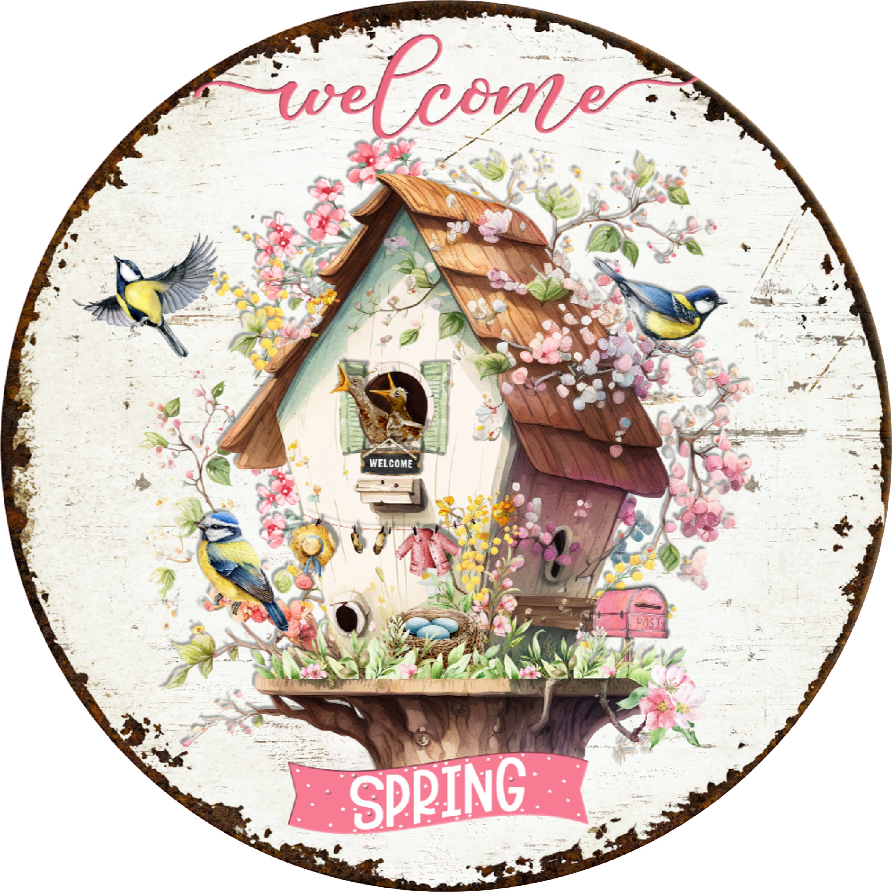 Welcome Spring, Birdhouse Design, Spring Flowers, Birds, Rustic Design ...
