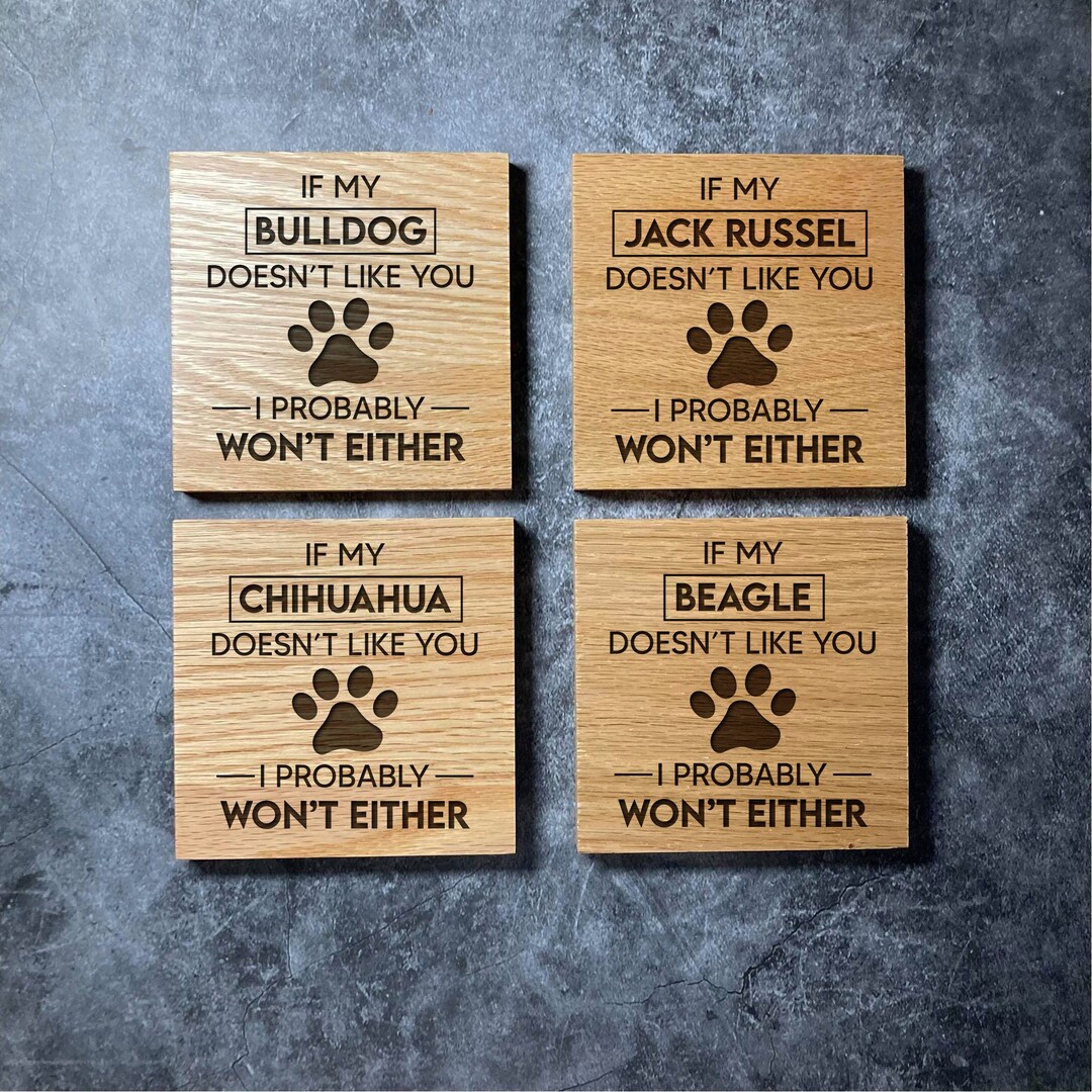 Custom Dog Coaster - Any Dog Breed Name - Deluxe Varnished Oak Wood ...