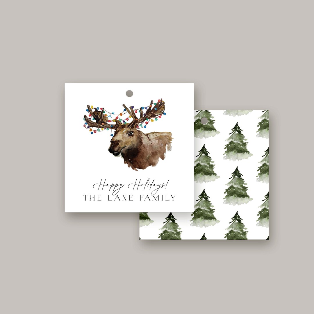 Christmas Moose Gift Tag | Personalized Gift Tag With Watercolor Moose ...