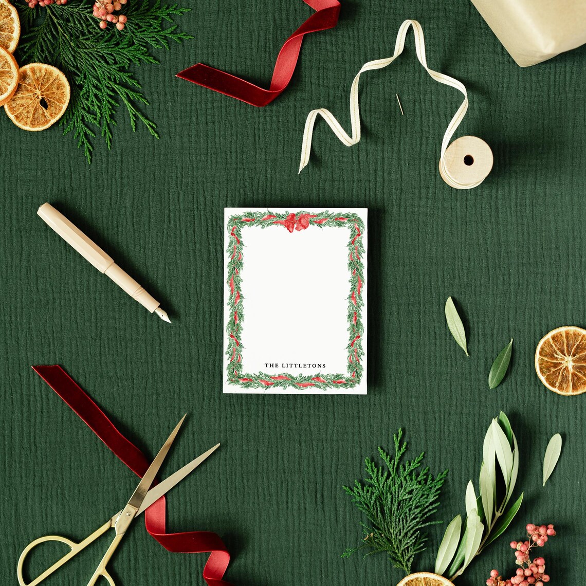 Personalized Christmas Notecards: Garland & Red Bow Stationery - Etsy