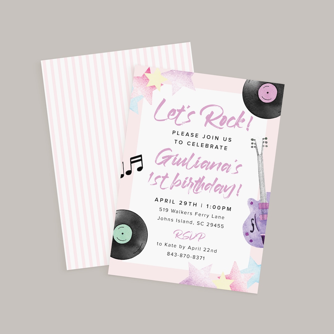 Rock 'N Roll Birthday Party Invitation for Little Girl or Baby, Premium ...