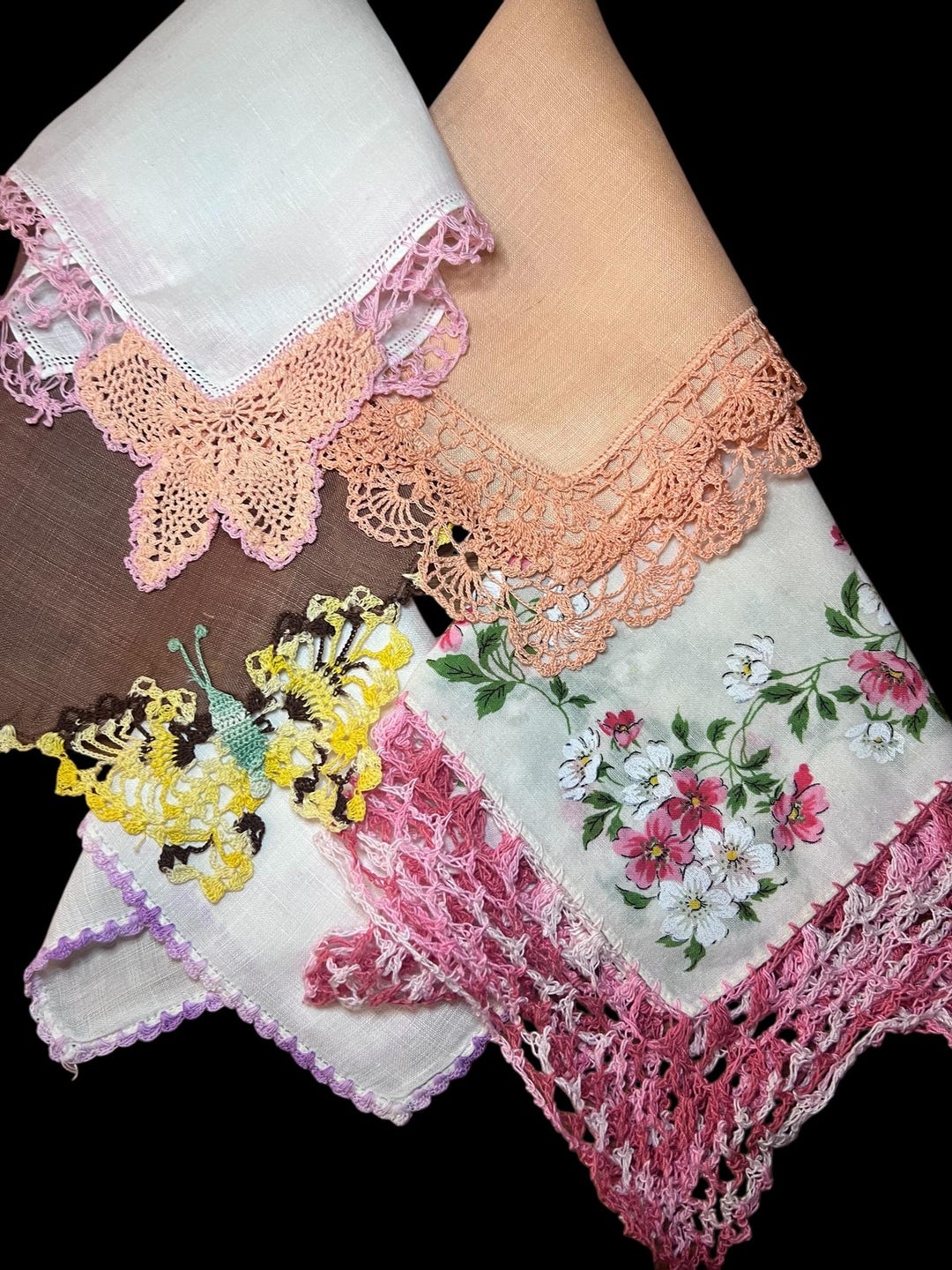 5 Crocheted Edge Vintage Floral Handkerchiefs, Butterfly Hankies - Etsy