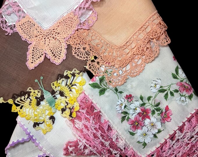 5 Crocheted Edge Vintage Floral Handkerchiefs, Butterfly Hankies - Etsy