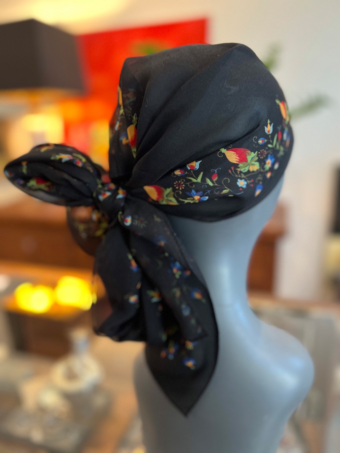Black Vintage Head Scarf With Sweet Floral Print - Etsy