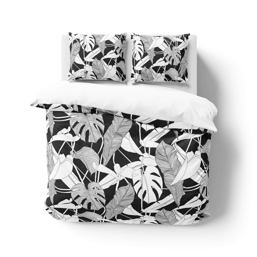 White & Black Tropical Leaves Bedding Set - Etsy