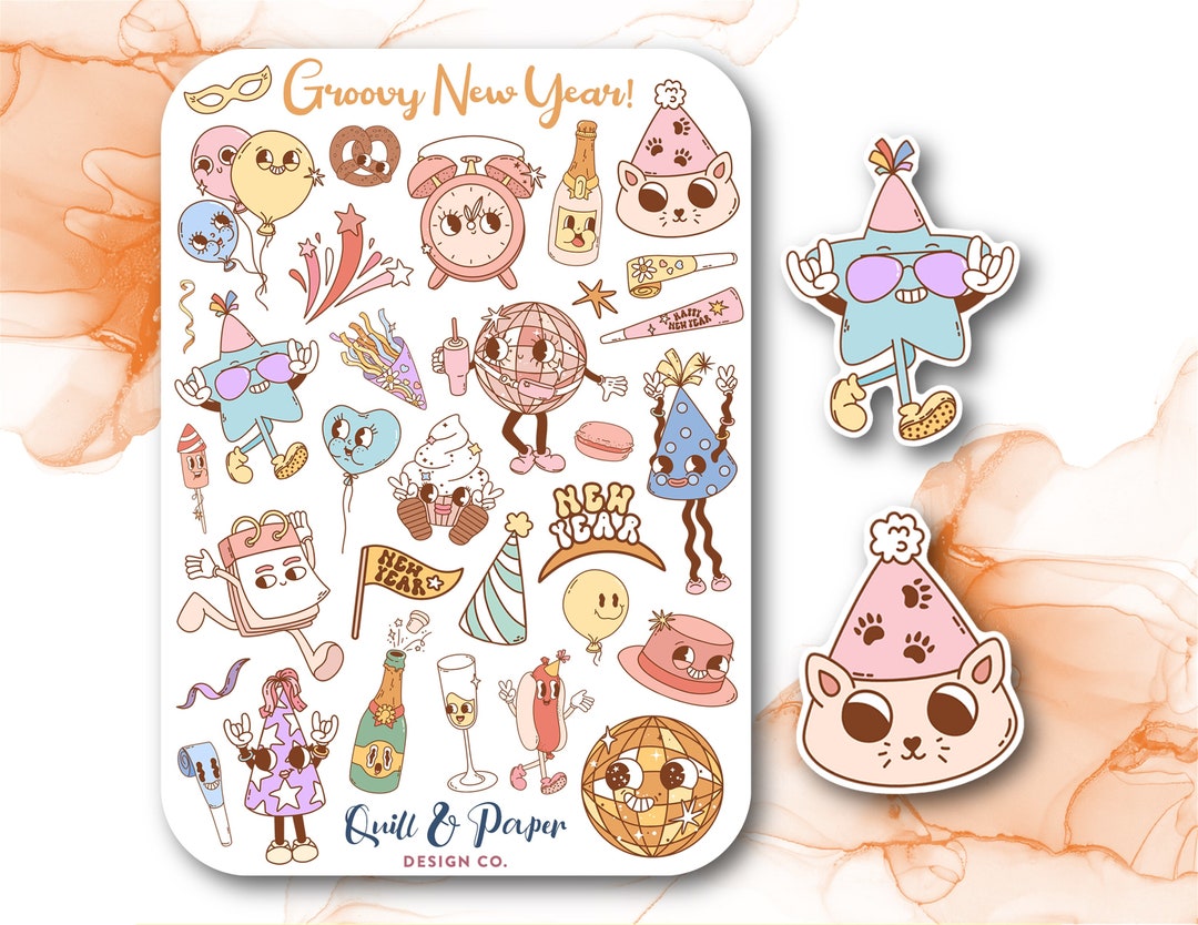Groovy New Year Sticker Pack, Happy New Year Stickers, Retro Sticker ...