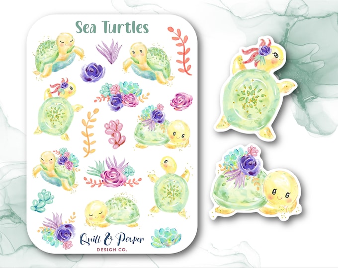 Sea Turtle Sticker Sheet, Cute Turtle Stickers, Kawaii Sea Turtles, Sea ...