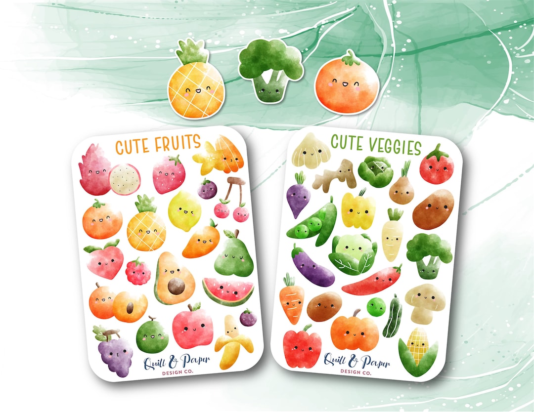 Kawaii Fruit and Veggie Sticker Sheets, Colorful Fruit Stickers, Kawaii ...