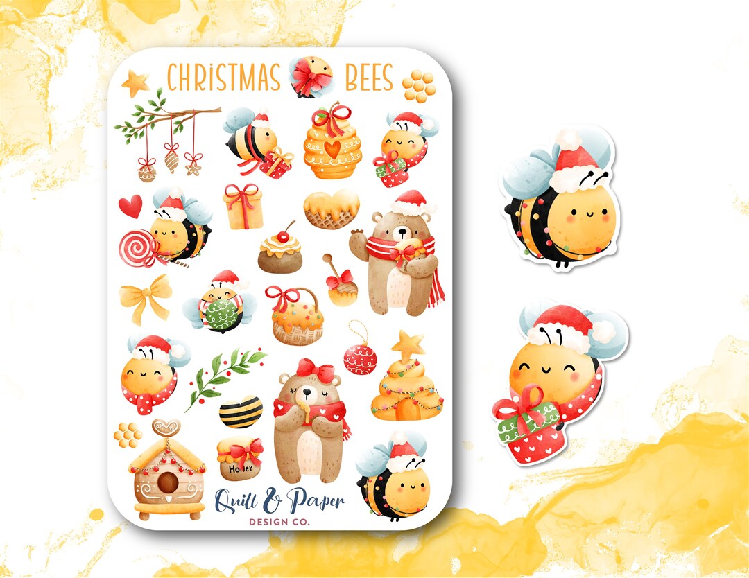 Christmas Bee Sticker Sheet, Kawaii Christmas Stickers, Cute Bee ...