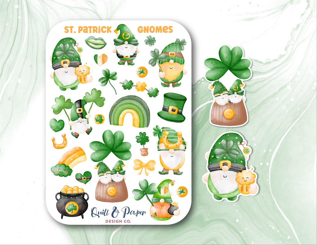 St. Patrick's Day Gnome Sticker Sheet, St. Patrick Stickers, Green Shamrock Stickers, Cute Saint ...