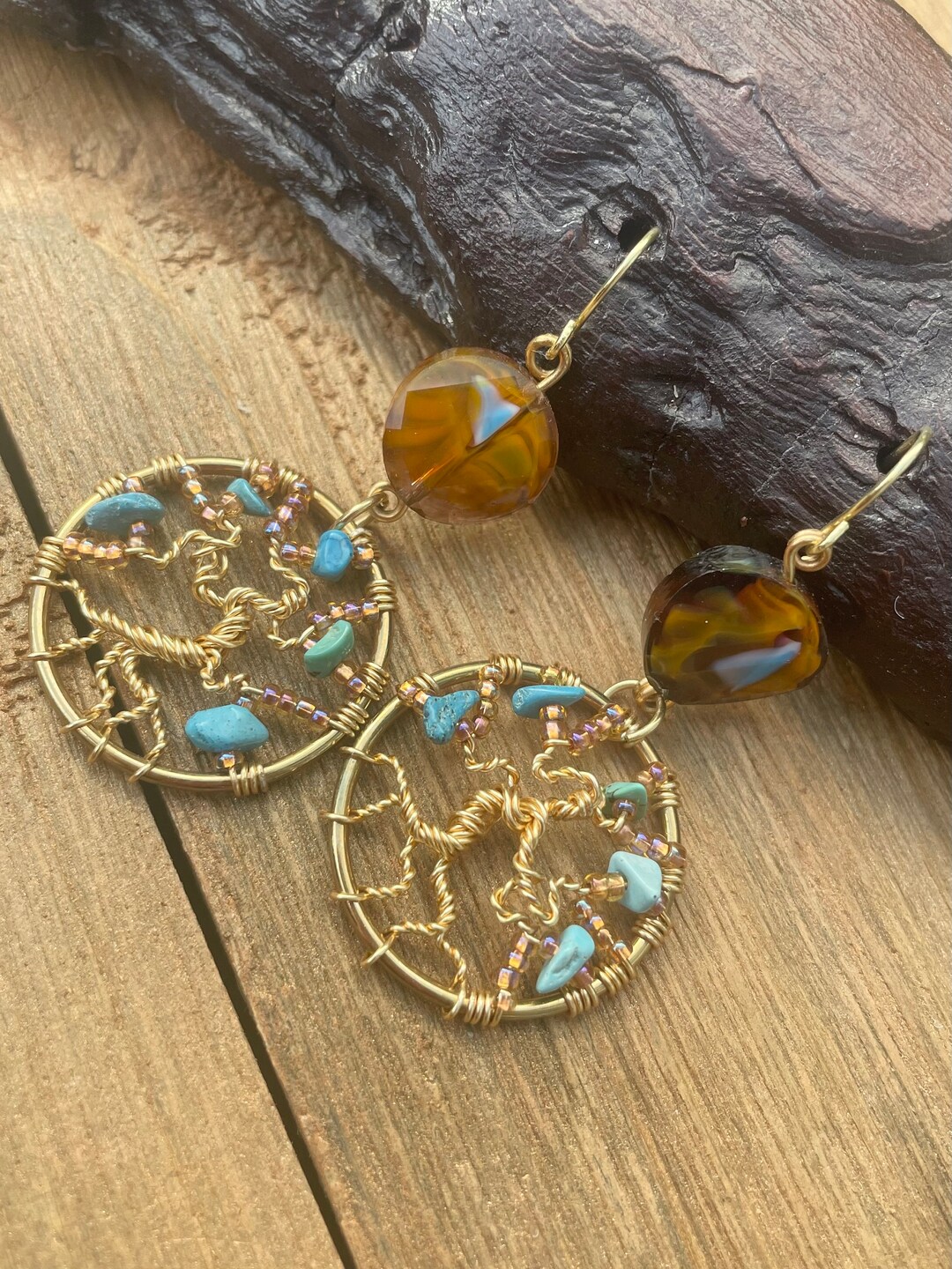 Turquoise Dyed Stone on Gold Wire Trees With Glass Beads - Etsy