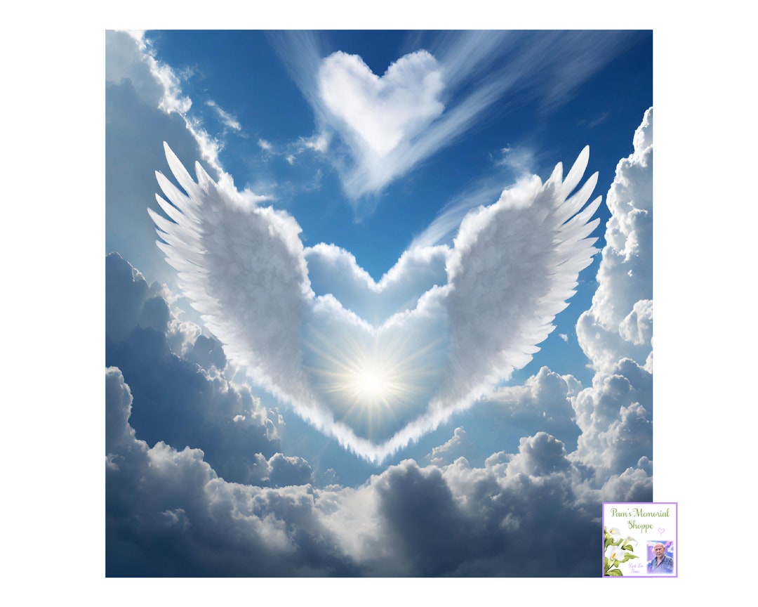 Heaven Memorial Image With Heart Angel Wings and Cloud, Ray of Light ...