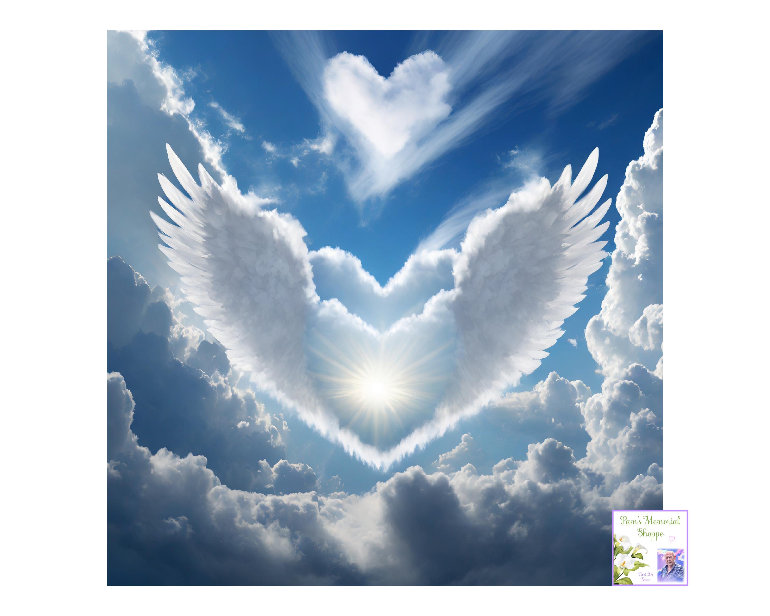 Heaven Memorial Image With Heart Angel Wings and Cloud, Ray of Light ...