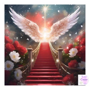 Red Memorial Background With Stairs and Angel Wings, Large Red Flowers ...