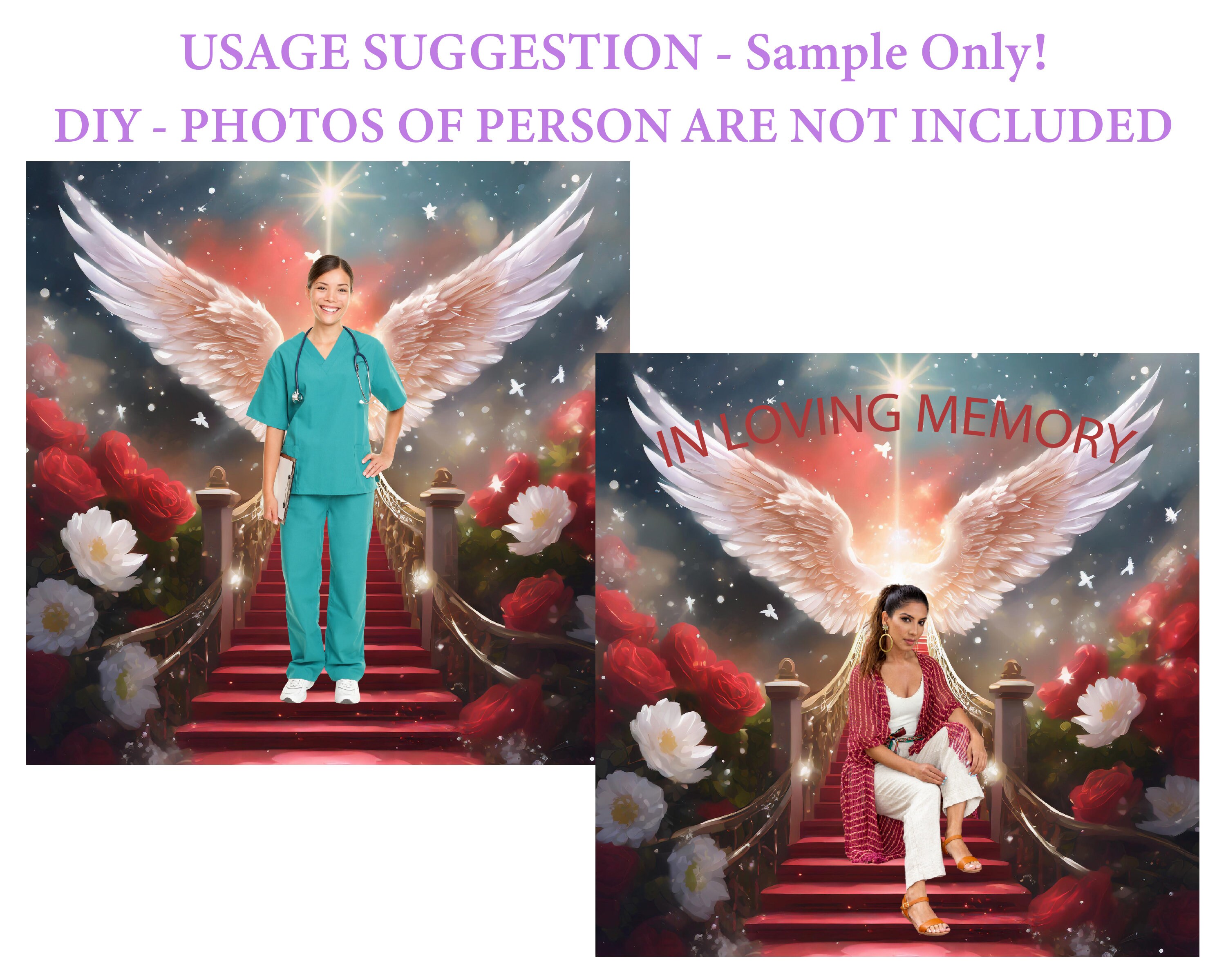 Red Memorial Background With Stairs and Angel Wings, Large Red Flowers ...