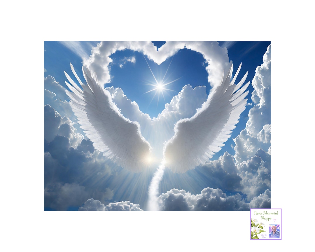 Memorial Image With Heart Clouds and Angel Wings, Ray of Light, in ...