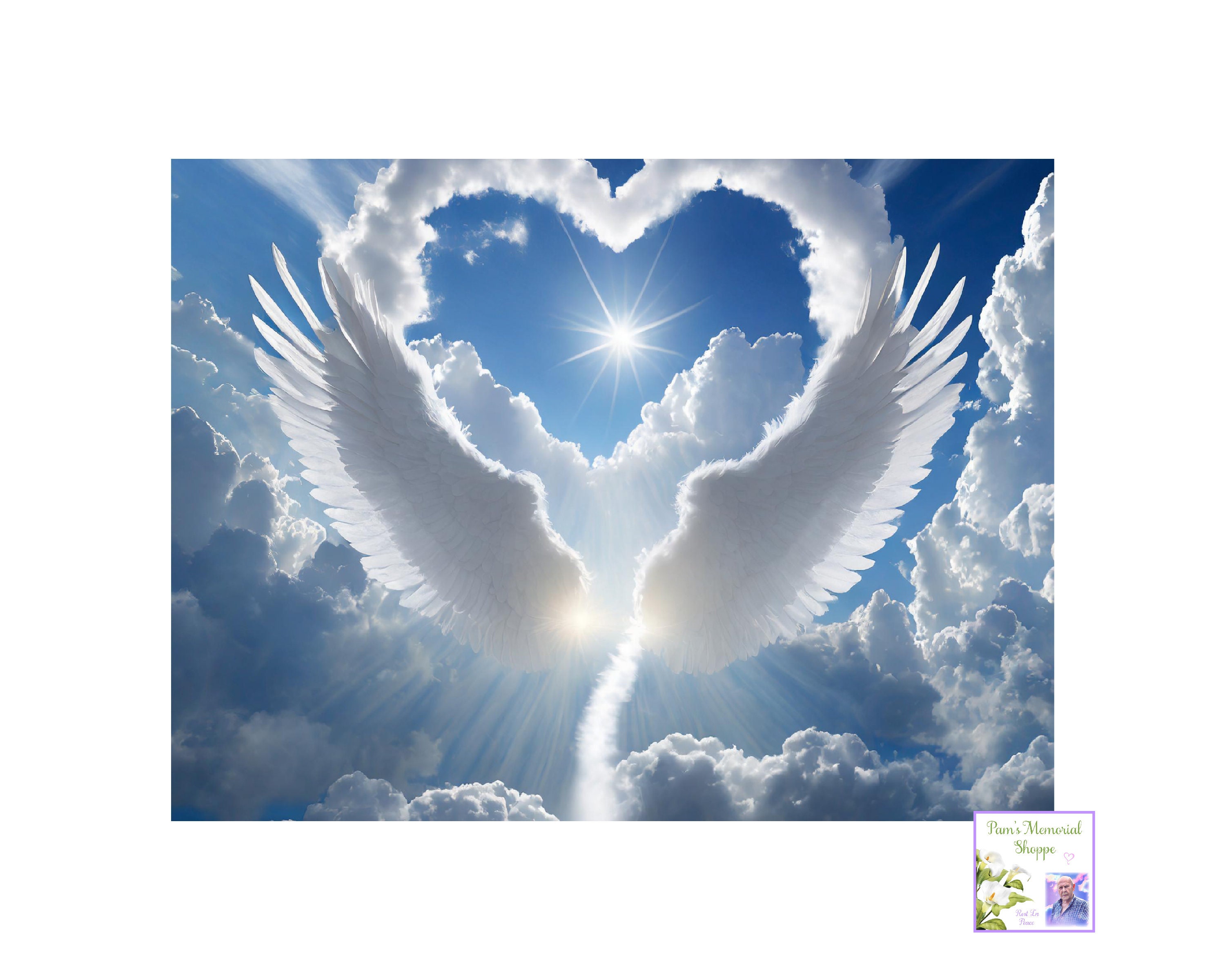 Memorial Image With Heart Clouds and Angel Wings, Ray of Light, in ...